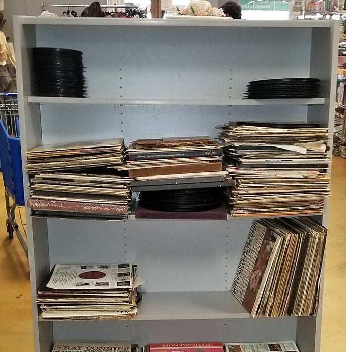Vinyl records stacked like pancakes at a diner—each one a portal to another era. Musical treasures waiting for their needle-drop moment.