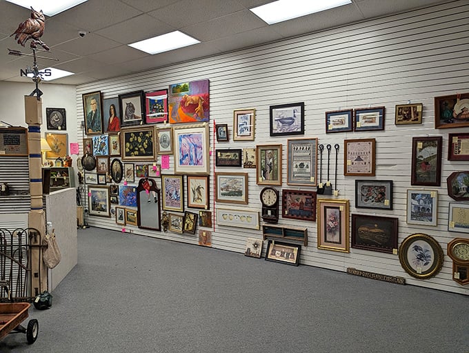 Wall-to-wall memories in frames of every shape and size. Someone's forgotten artwork becomes tomorrow's conversation piece in your living room.