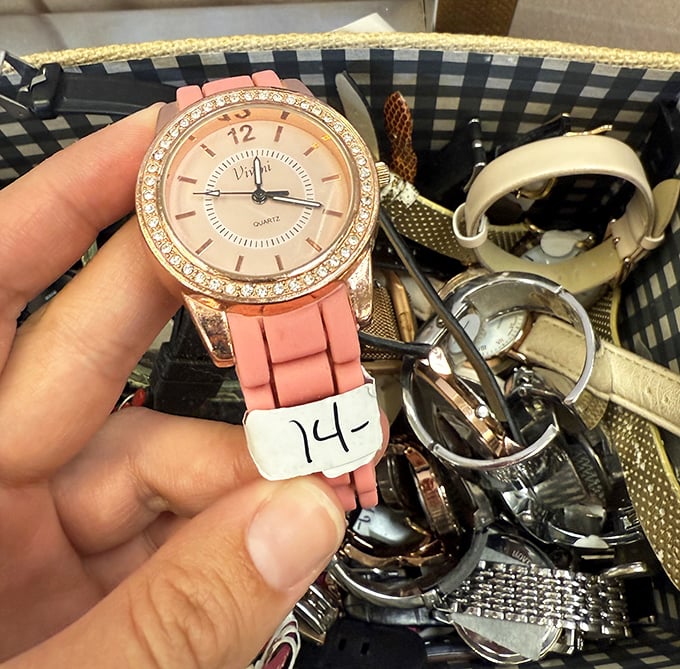 Fourteen dollars for a watch that looks like it belongs on a red carpet – proof that secondhand shopping is the ultimate hack for champagne style on a beer budget.