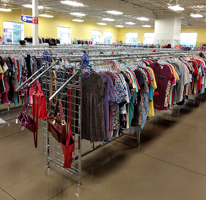 Women's apparel stretches as far as the eye can see. Organized by color and size, this section transforms overwhelming into manageable—retail therapy at its most affordable.