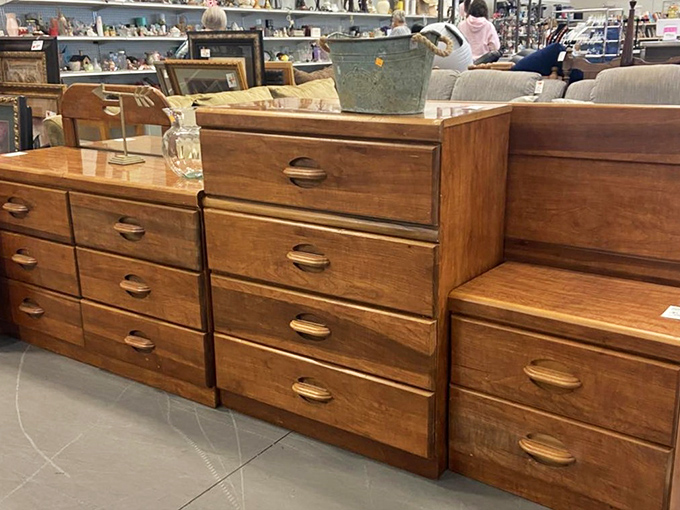 Solid wood dressers standing at attention like soldiers of storage. These aren't particle board pretenders—they're the real deal, ready for decades more service.
