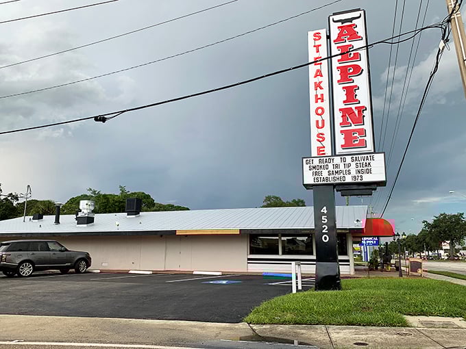 Alpine's classic sign promises two treasures under one roof – eat your steak tonight, then take tomorrow's dinner home with you.