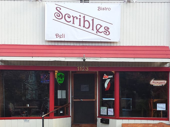 Scribles' simple red-trimmed facade hides Eugene's best-kept sandwich secret in plain sight.