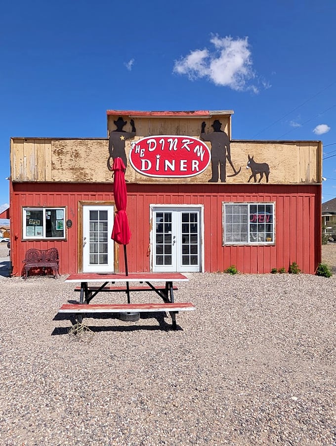 The frontier-style building with its cowboy silhouettes promises meals hearty enough for real prospectors.