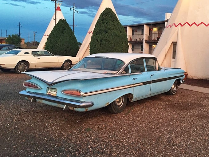 This powder-blue '59 Chevy Impala with its distinctive tailfins looks like it just cruised in from a more stylish era.