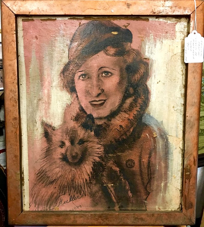 A haunting portrait that captures both 1940s fashion sensibility and the timeless bond between a woman and her impossibly fluffy dog companion.