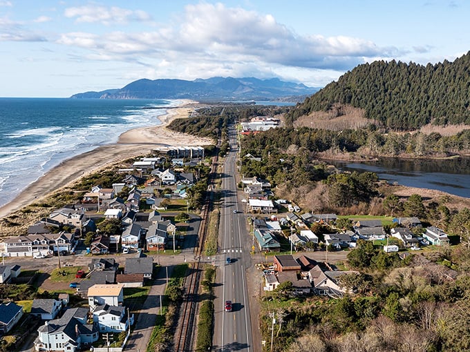 Bird's eye brilliance—this aerial view shows how perfectly Manzanita is nestled between mountain, forest, beach, and bay, like nature's perfect sandwich.