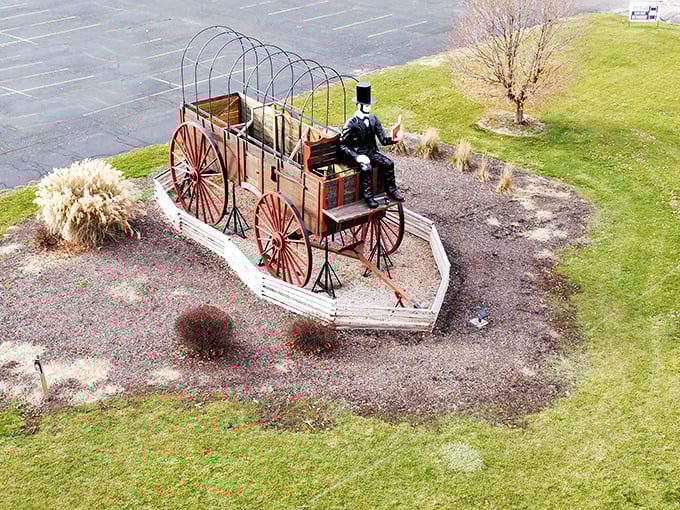 From above, you can appreciate the wagon's perfect placement—visible from multiple angles and practically begging passing cars to make an unplanned stop.