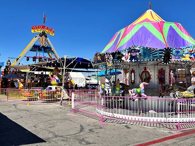 The carnival section adds a splash of county fair magic to the marketplace experience, where shopping breaks become mini-adventures on colorful rides.