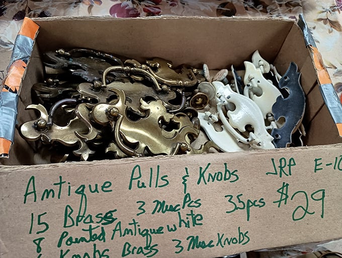 A box of brass possibilities—drawer pulls and knobs that could transform your tired furniture into conversation pieces. Small details make big differences.