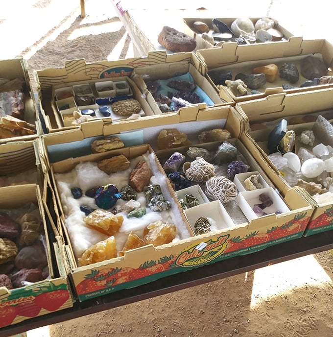 Nature's jewelry box spilled across fruit crates—crystals and minerals that somehow look both magical and slightly like fancy rock candy.