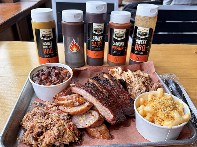 The sauce lineup reads like a flavor personality test—are you Sweet BBQ, Carolina Vinegar, or daring enough for the Shack Sauce?