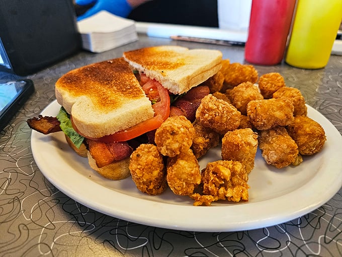 The BLT: three humble letters that spell satisfaction. Paired with golden tater tots, it's a plate of nostalgic comfort that never disappoints.