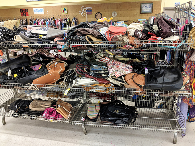 The handbag section—a leather and canvas jungle where vintage Coach mingles with practical totes in a democracy of accessorizing.
