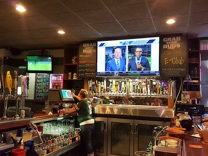 The bar area isn't just serving drinks—it's serving community. Where else can you watch the game while debating the Packers' offensive line?