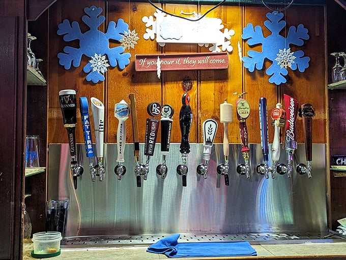 A lineup of taps that reads like a roll call of liquid comfort, each handle promising a different path to contentment.