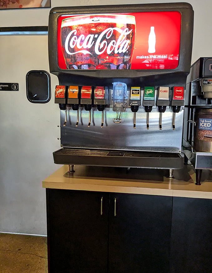 The soda fountain—because even with barbecue this good, you'll need something to wash it down. Sweet tea would be the traditional choice.