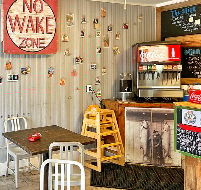 The soda fountain and "No Wake Zone" sign create the perfect backdrop for conversations that inevitably begin with "You've got to try the..."