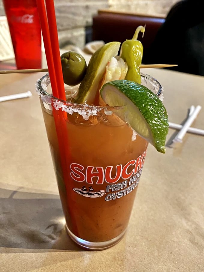 Their Bloody Mary comes fully loaded like a seafood survival kit – pickles, olives, shrimp, and enough spice to wake up your weekend.