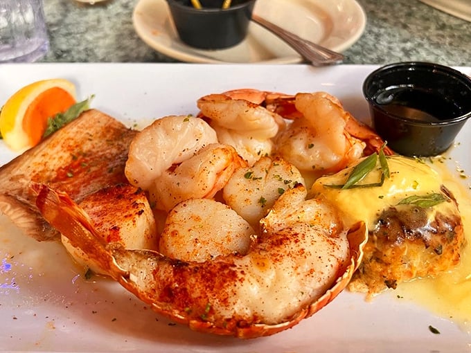 This broiled seafood platter is the ocean's greatest hits album, featuring lobster tail and plump shrimp in a starring role.
