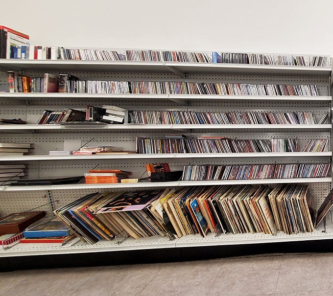 Vinyl records and CDs line the shelves like a time capsule of musical history – from classic rock albums your kids think you're cool for owning to guilty pleasure boy bands.