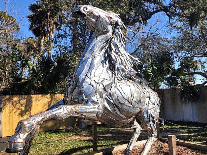 Horse of a different metal. This magnificent stallion sculpture, crafted entirely from car parts, proves that one person's junkyard is another's artistic inspiration.