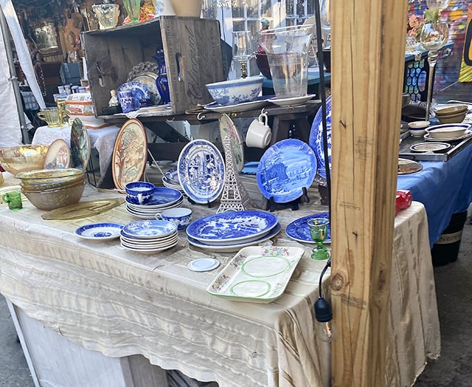 Blue and white ceramics arranged with care – these dishes have seen more interesting meals than most food critics.