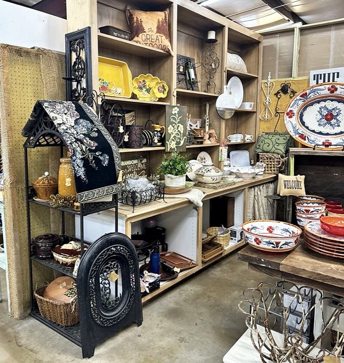 Ceramic treasures arranged like a still life painting, where every plate has a story and possibly some chips.