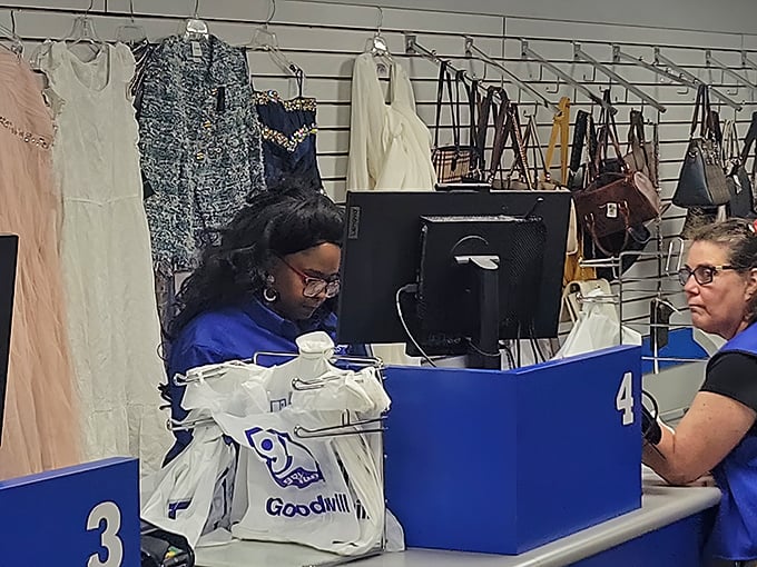 The final frontier of your thrifting journey—checkout stations where friendly faces tally your treasures and send you home victorious.