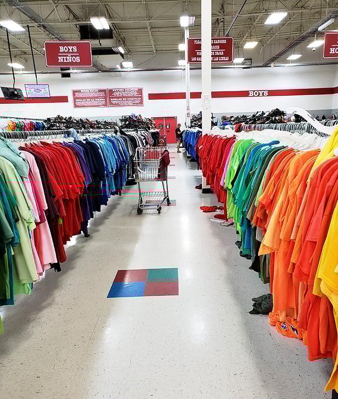 The men's department, organized by color like a sartorial rainbow. Finding that perfect shirt becomes a journey through the spectrum of possibility.
