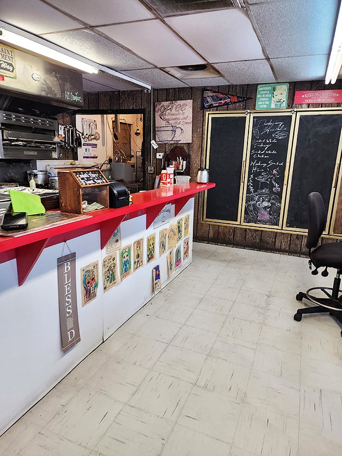 The counter where BBQ dreams come true. That red trim and wood paneling have witnessed thousands of first-bite expressions of pure joy.