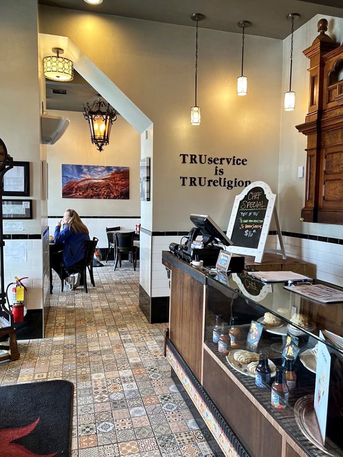 "TRUservice is TRUreligion" proclaims the wall, and the warm lighting and tiled floors create a sanctuary for hungry pilgrims.