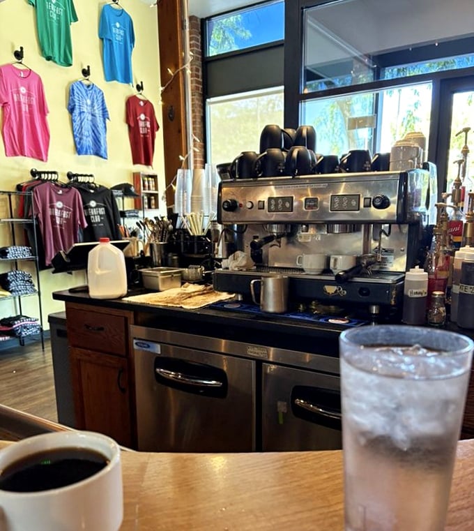 The coffee station and merchandise corner—because the only thing better than breakfast at The Breakfast Club is taking a piece home.