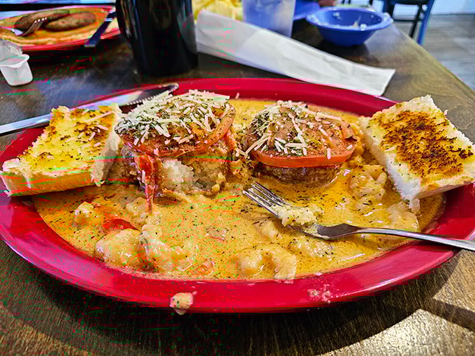 Creole shrimp and grits cakes swimming in a sauce so good you'll be plotting how to lick the plate without anyone noticing.