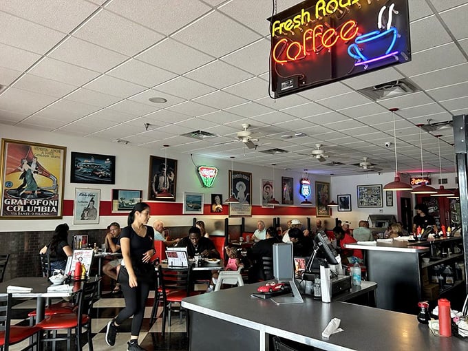 The buzz of conversation mingles with the clinking of forks against plates—a symphony of satisfaction conducted under the glow of neon coffee signs.