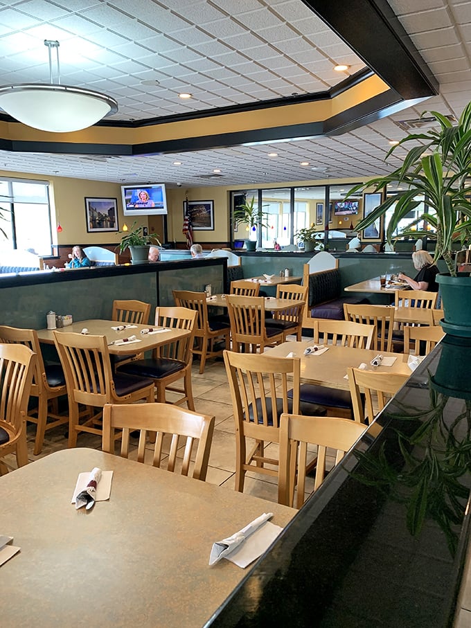 The dining room buzzes with conversation and the clink of forks against plates.