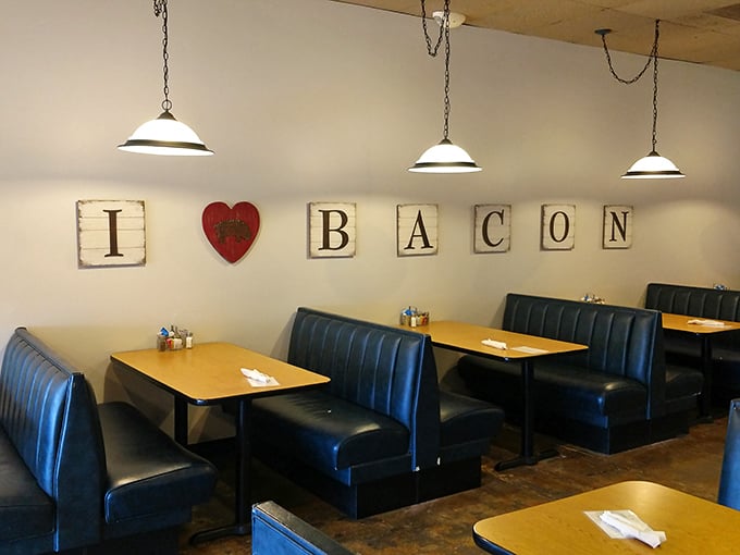 "I ❤️ BACON" isn't just wall art – it's a mission statement, a philosophy, and the most honest relationship status ever displayed in a Kansas diner.