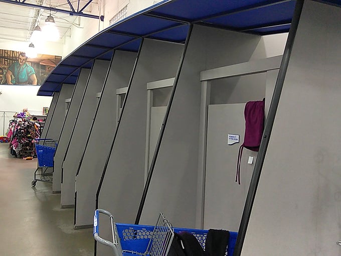 Private fitting rooms with proper doors—because trying on second-hand fashion deserves first-class dignity.