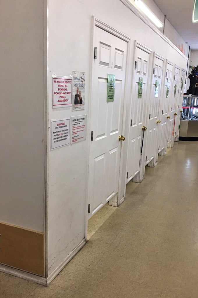 Fitting rooms with character—these white doors have witnessed countless fashion decisions, both triumphant and questionable.