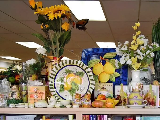 Ceramic fruit meets vintage dishware in this still life of second chances – that lemon plate is calling your name.