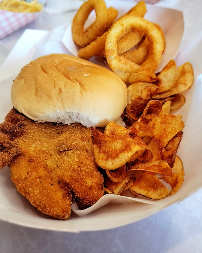 A perfectly golden fish sandwich with crispy chips and onion rings. This plate doesn't need fancy garnishes to make its delicious point.