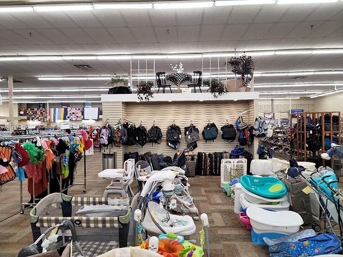 Baby bonanza! From bathtubs to bouncers, this section helps new parents save a fortune. Those tiny clothes hanging above are almost too cute to handle.
