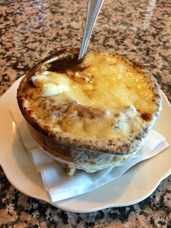 French onion soup that's worth the cheese pull photo-op—a bubbling cauldron of comfort that's been warming Reading residents for decades.