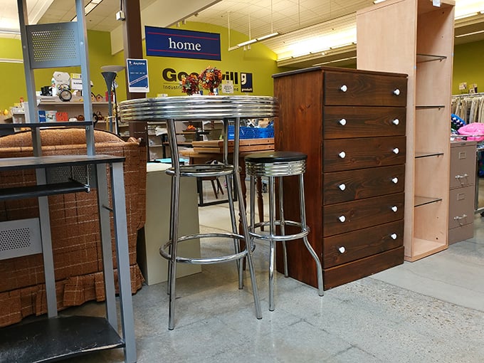 That chrome bar table and wooden dresser have nothing in common except potential—one screams "retro diner," the other whispers "just needs a coat of paint."