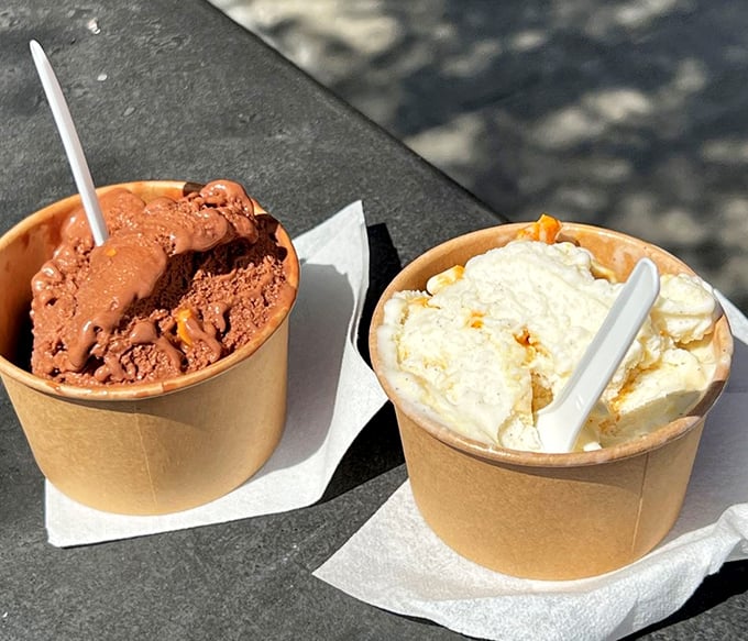 Two scoops of gelato—one chocolate, one vanilla—sitting in the sunshine like old friends catching up after a long separation.