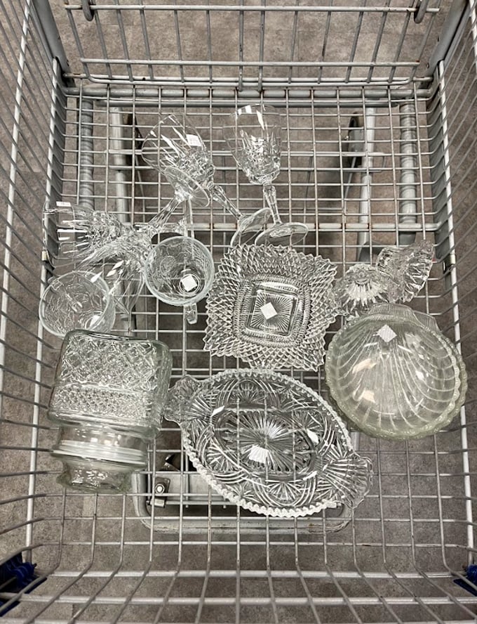 Crystal clear bargains! Vintage glassware that would make your grandmother swoon, all nestled in a simple metal cart.