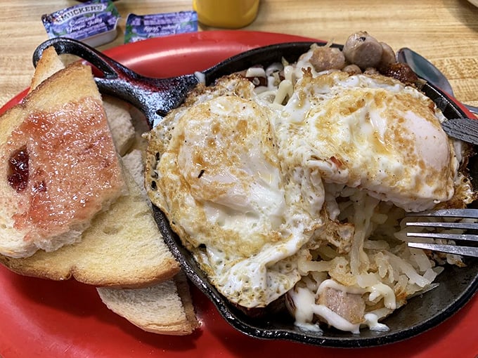 The Godfather skillet doesn't ask politely—it makes an offer your taste buds can't refuse, with eggs ruling over their delicious domain of breakfast ingredients.