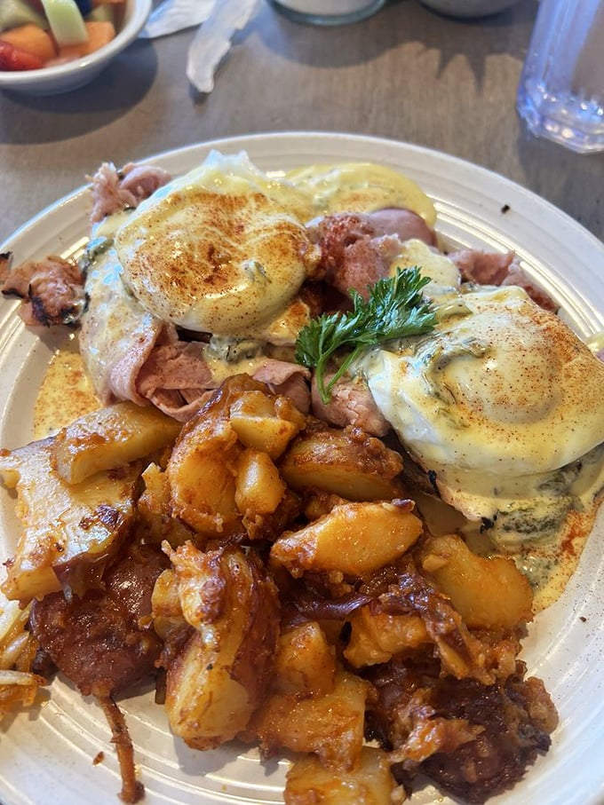 Green Chile Eggs Benedict—where hollandaise gets a New Mexican makeover and breakfast becomes an event worth getting out of bed for.