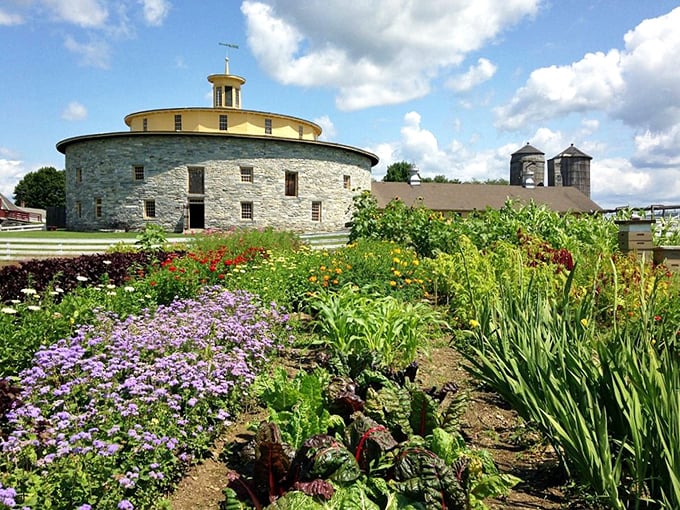 Hancock Shaker Village's round barn and gardens offer a masterclass in the beauty of functional simplicity. Take notes, modern architects.