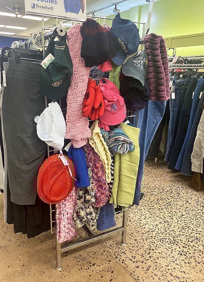 The accessories corner – where scarves, hats and winter wear hibernate until needed. That pink knit scarf is just waiting for its next snow day.
